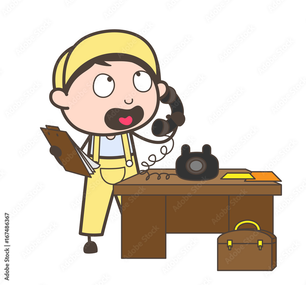 Cartoon Male Receptionist Calling with Customer on Phone Vector ...