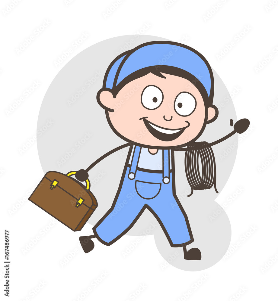 Cartoon Electrician Running with Wires Vector Stock Vector | Adobe Stock