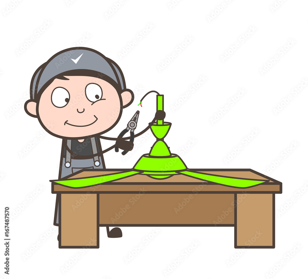 Cartoon Electrician Repairing Ceiling-Fan Vector Illustration Stock ...