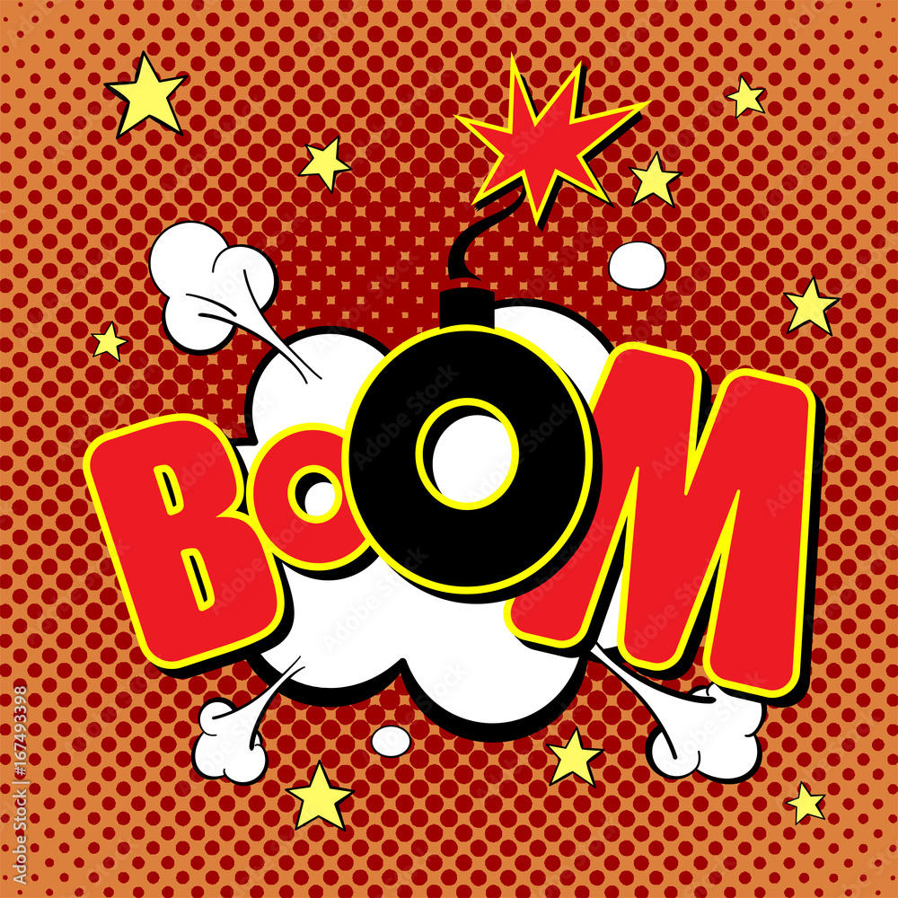 Vector illustration in a retro pop art style. BOOM text on a dot ...