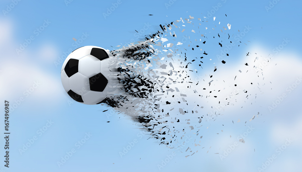 Fast shooting football black and white color with blurred blue sky ...