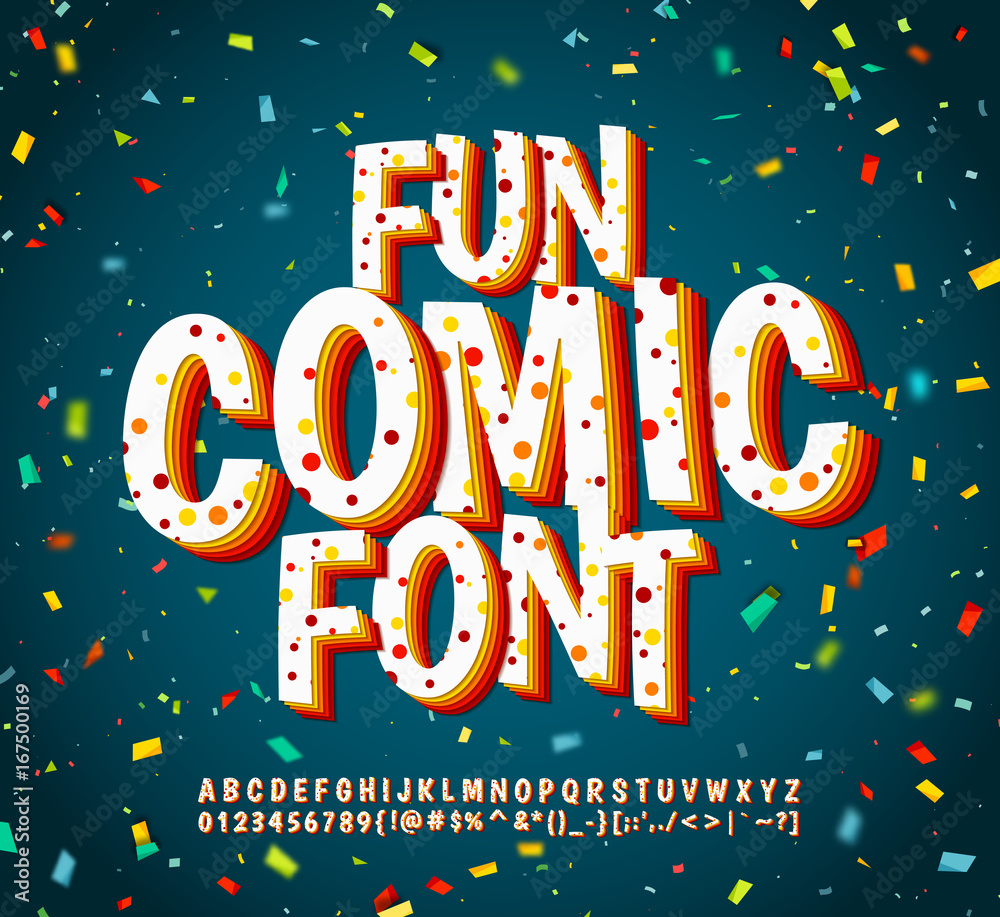 Colorful comic font on blue background with multicolored confetti ...