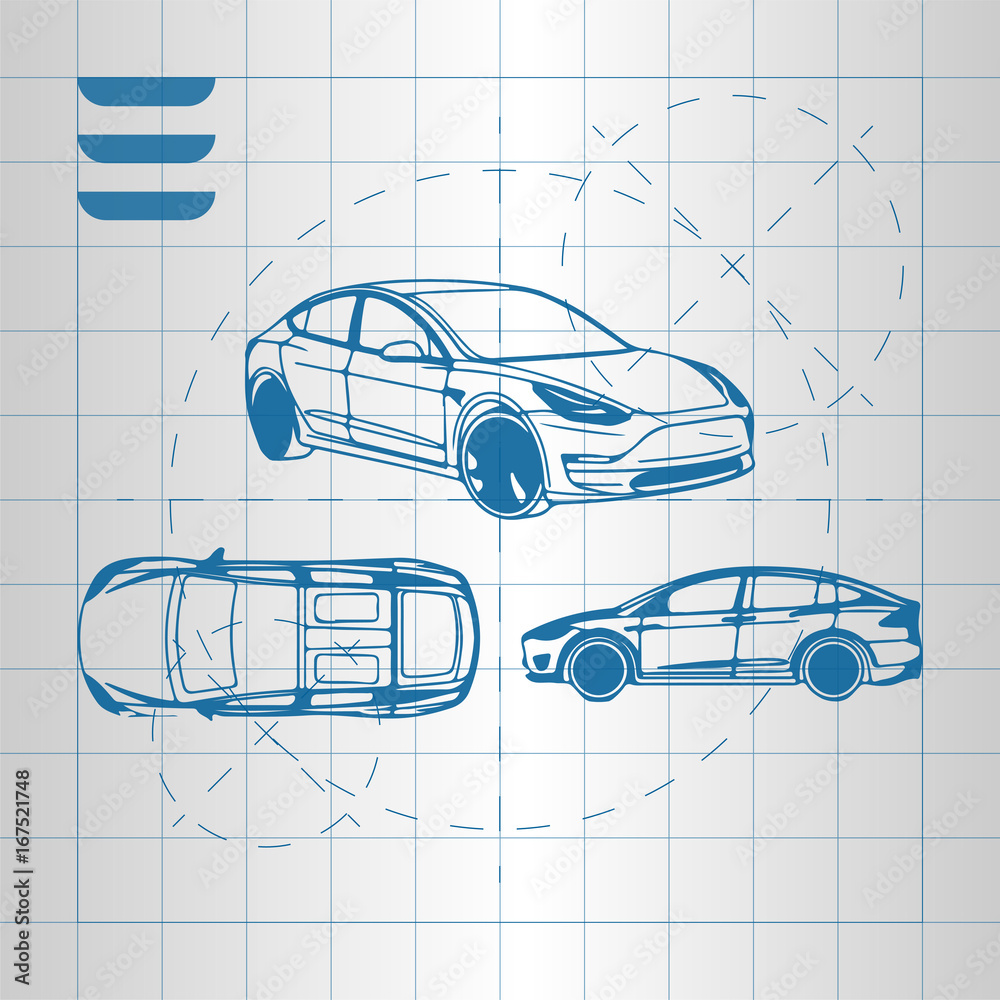The design of the car drawing on a blue background, white print vector ...