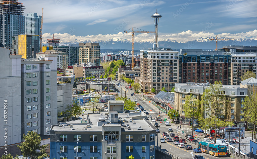 Downtown Seattle City Streets and Olympic Mountains Stock Photo | Adobe ...