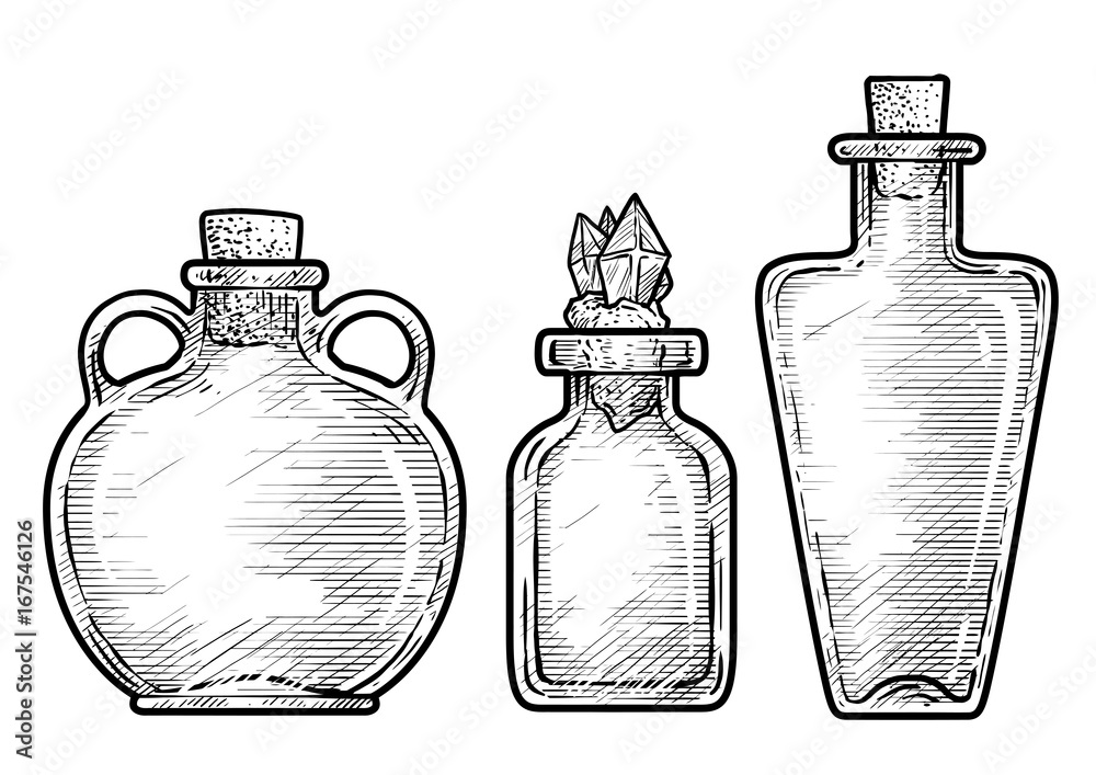 Potion, medicine bottle illustration, drawing, engraving, ink, line art ...