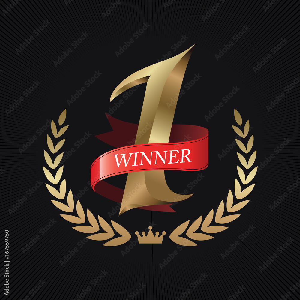 Winner, number one gold with red ribbon, Winner logo, gold branch on ...