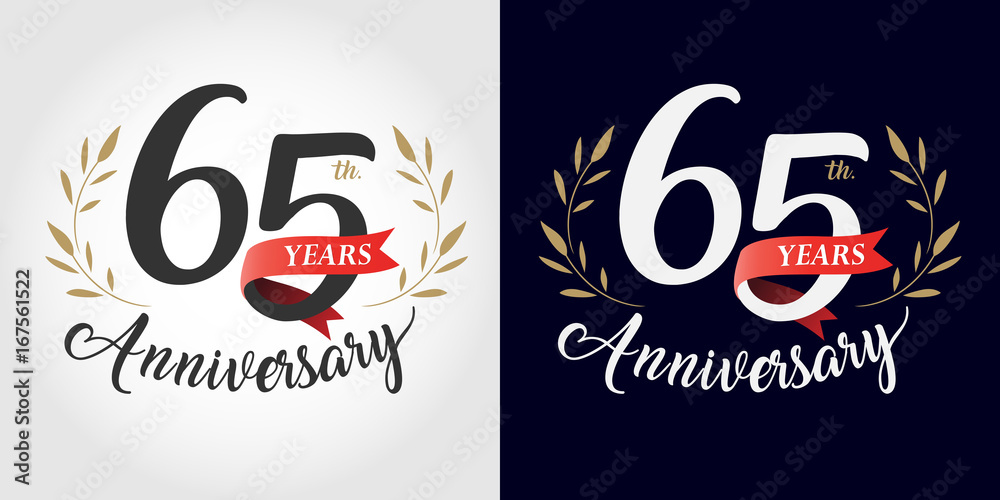65 years anniversary number hand lettering and golden laurel wreath ...