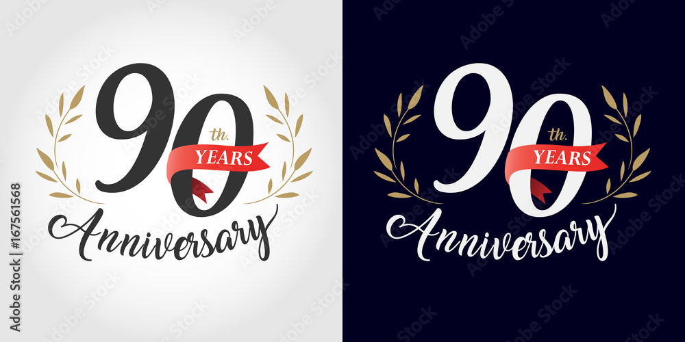 90 years anniversary number hand lettering and golden laurel wreath ...
