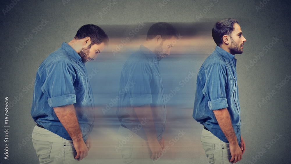 Side profile of a young sad chubby man transformation into a slim ...