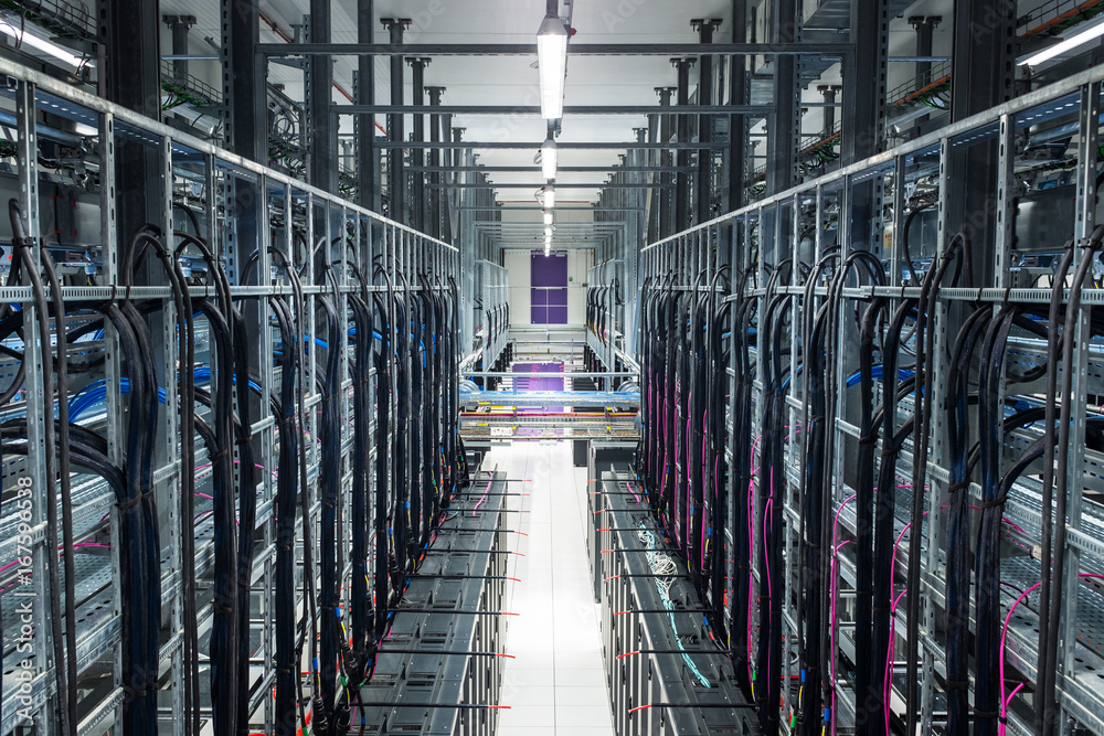 Racks, Wires and optical fibers in a modern datacenter Stock Photo ...