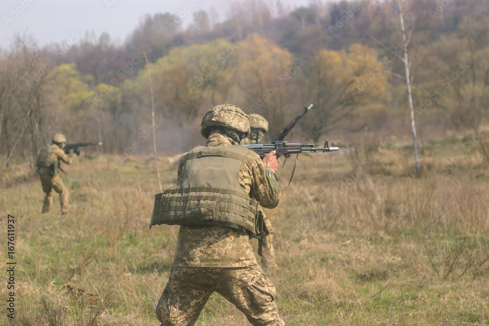 Front Line. Military attack on battlefield from ambush Stock Photo ...
