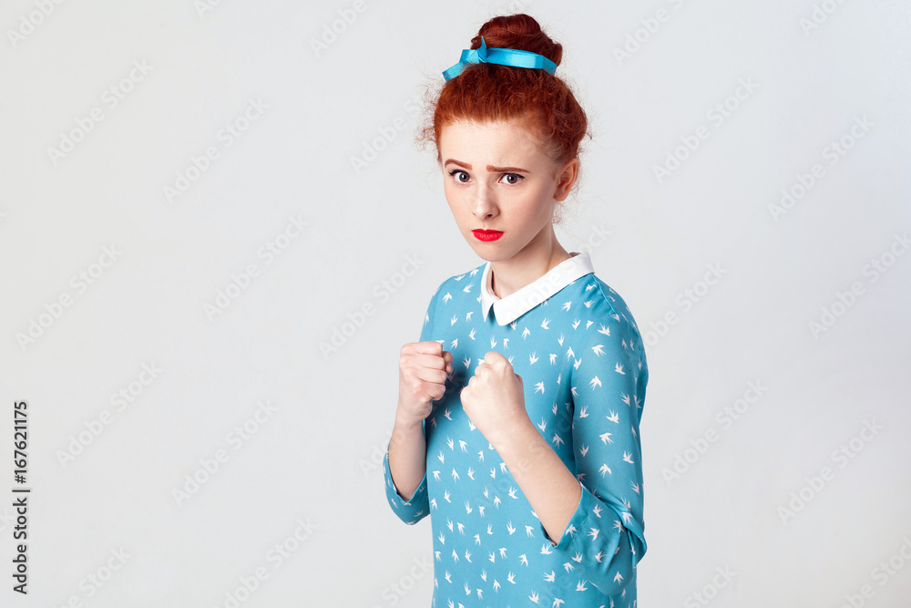 Human face expressions, emotions and feelings. Angry ginger girl, like ...