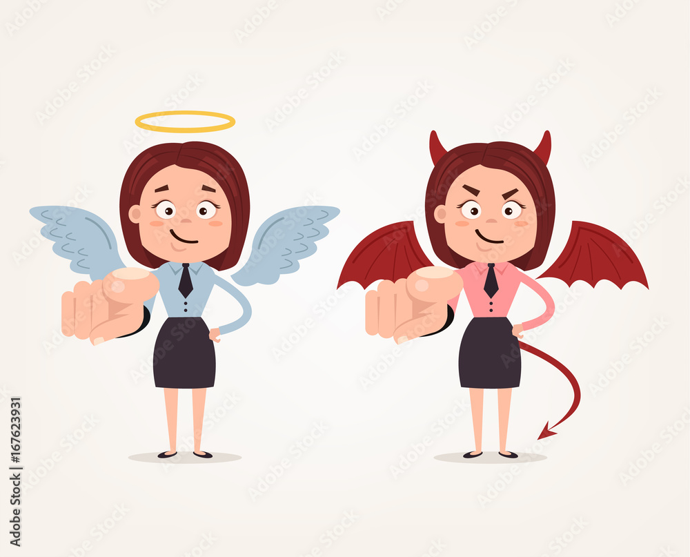 Happy good angle and bad angry devil business woman characters pointing ...