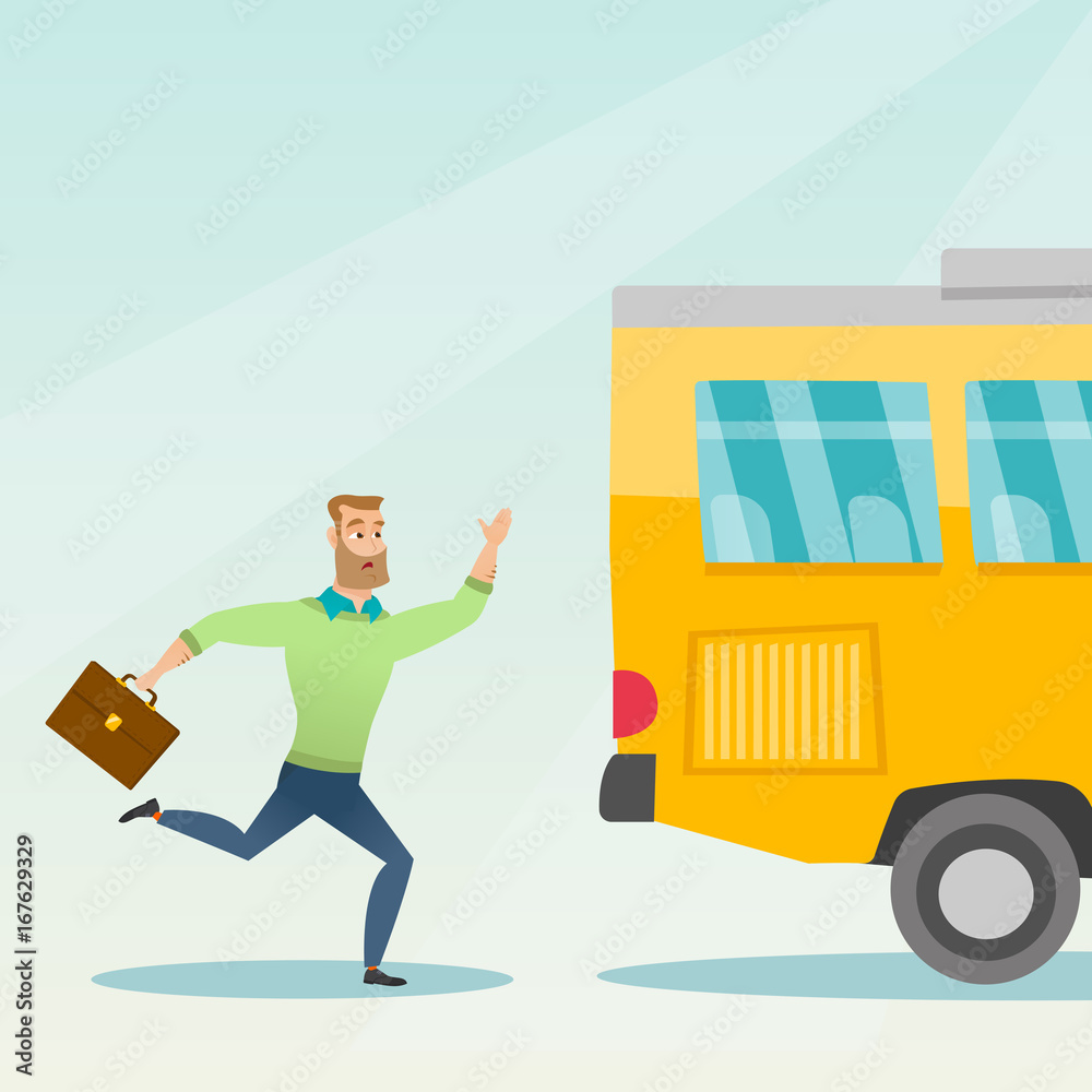 Young hipster businessman with beard chasing a bus. Caucasian ...