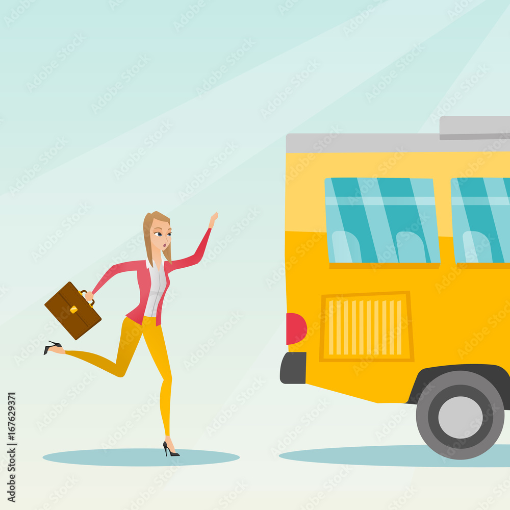 Young business woman chasing a bus. Caucasian business woman running ...