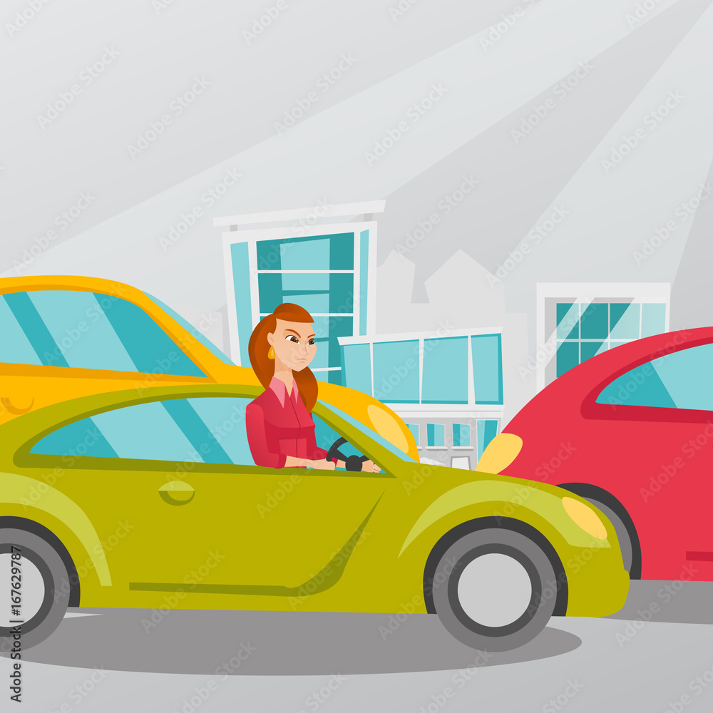 Angry caucasian woman in a car stuck in a traffic jam. Irritated young ...