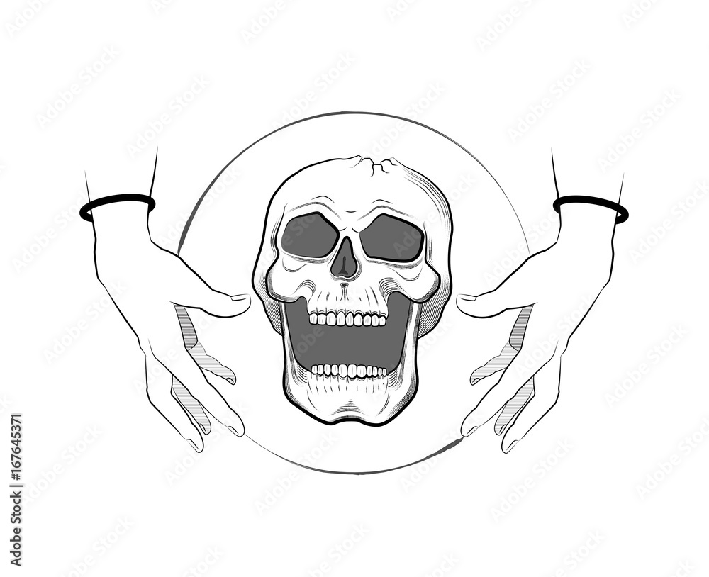Skull and hand isolated on white background. Vector image. line art ...
