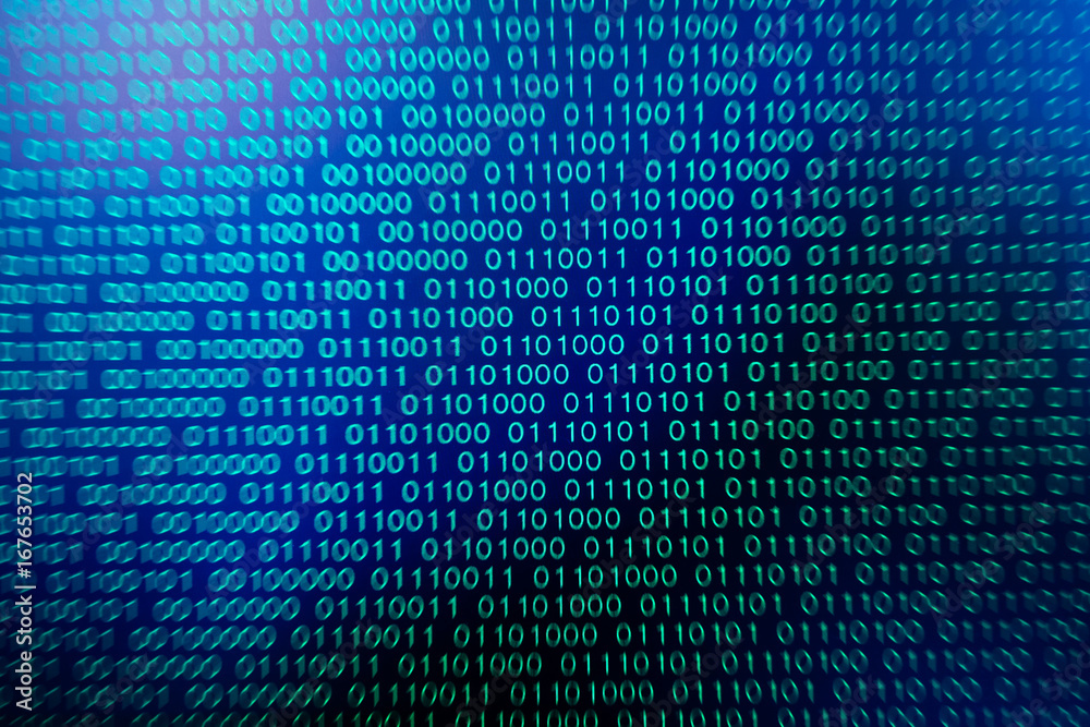 Binary code green blue digital color on black background with zoom ...