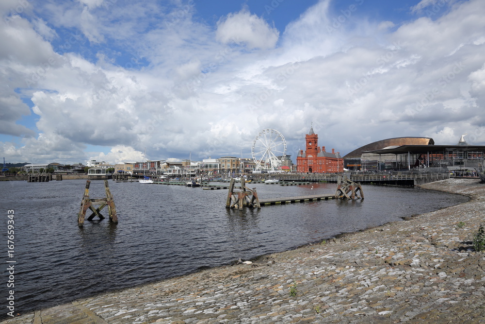 Cardiff Bay waterfront with senedd, pierhead and millennium centre ...