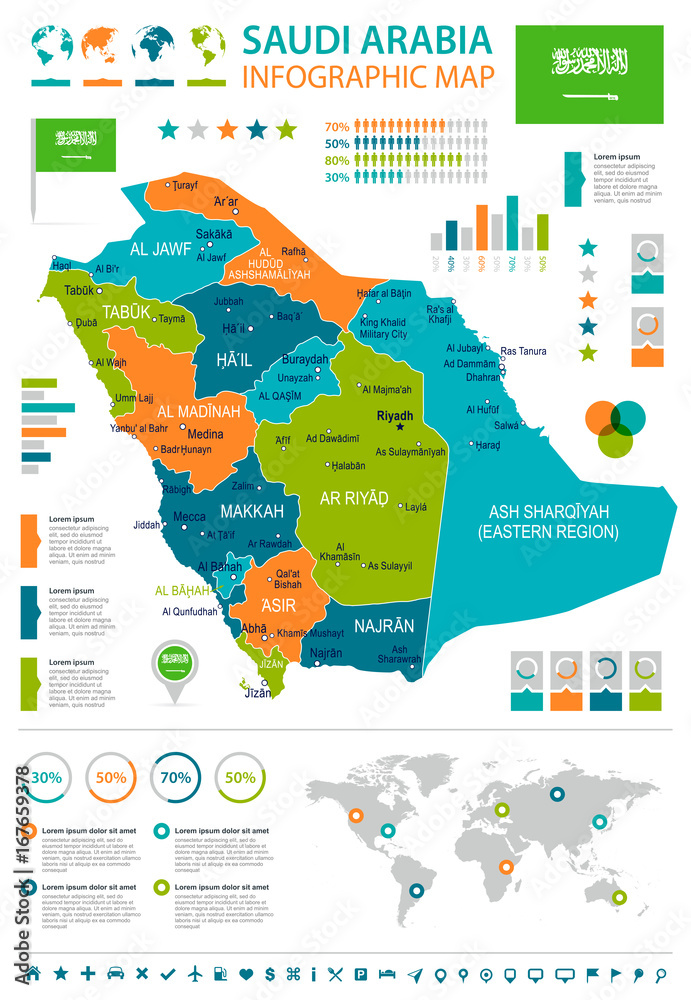 Saudi Arabia - infographic map and flag - illustration Stock Vector ...