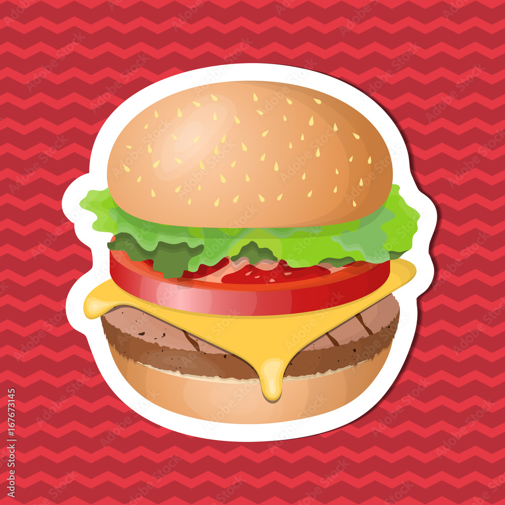 Burger sticker on red striped background. Graphic design elements for ...