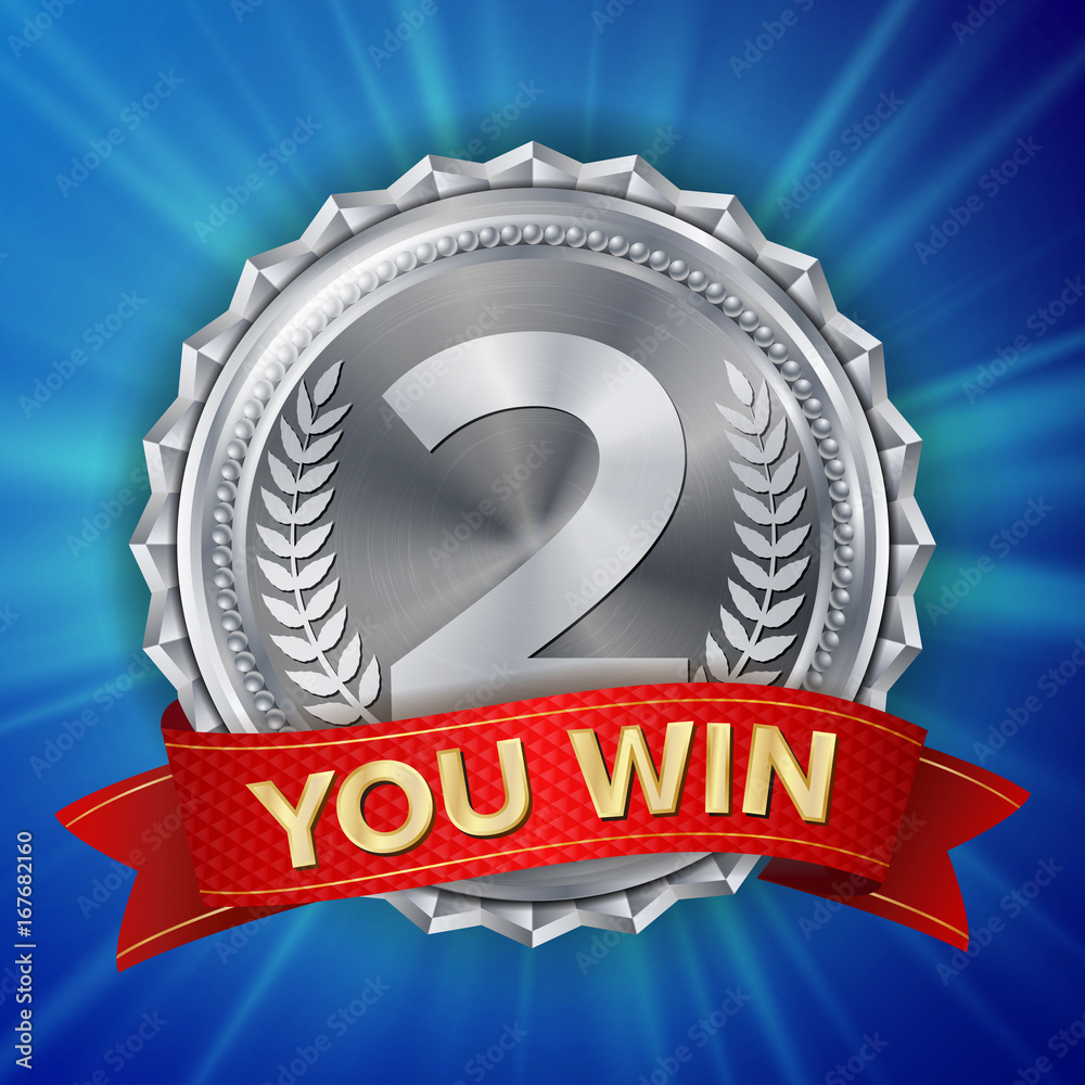 Silver Medal Vector. Silver 2nd Place Badge. Metallic Winner Award. Red ...