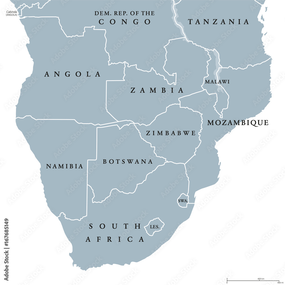 Southern Africa political map with borders of the countries and English ...
