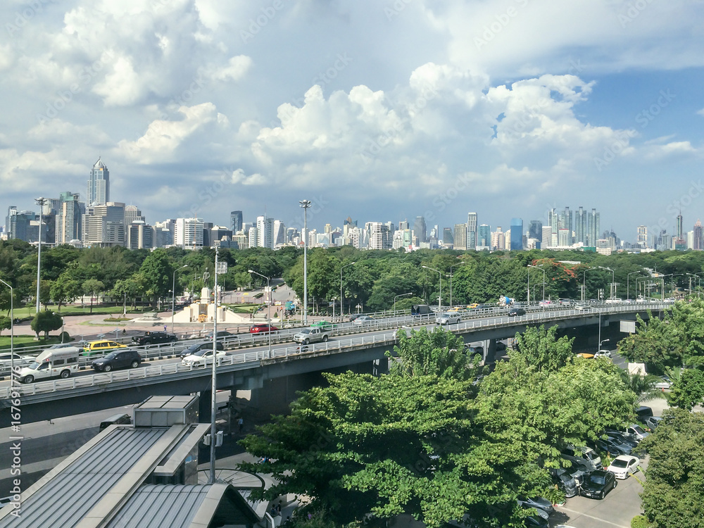 Cityscape showing green natural park and forest with diversity ...