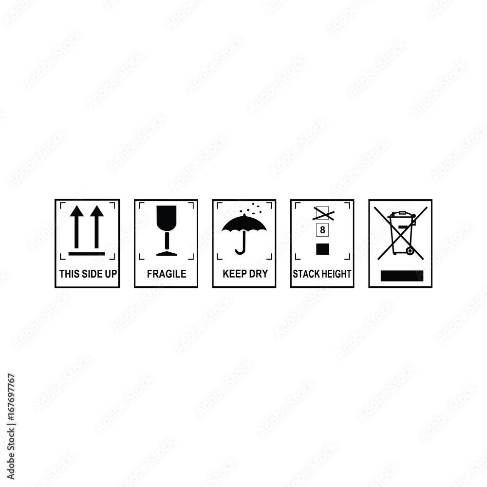 Packaging symbols (Fragile icon, Keep dry icon, This side up icon). Fragile cardboard black ...