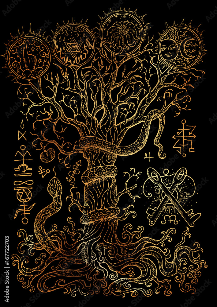 Mystic illustration with spiritual and christian religious symbols as ...