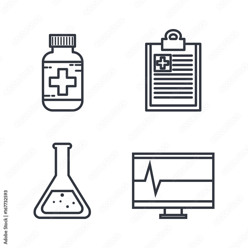 Flat line uncolored medical related objects over white background ...