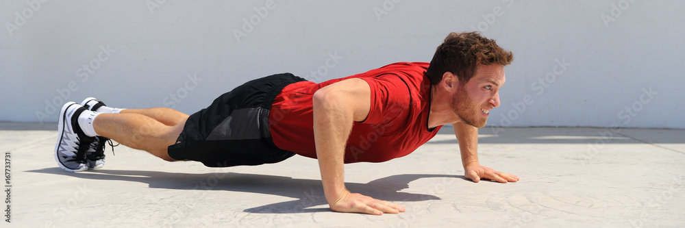 Pushup fitness man banner doing push-ups workout bodyweight exercise on ...