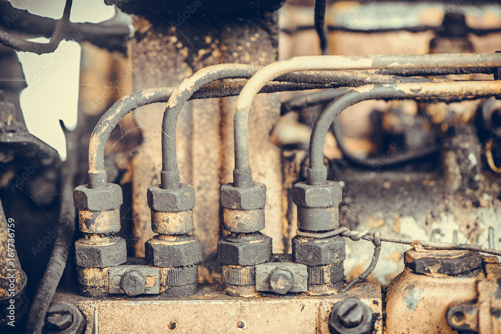 Vintage engine car system. Part of old diesel engine of heavy truck ...