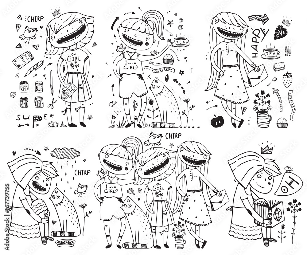Little Girls Outline Doodle Collection Stock Vector | Adobe Stock