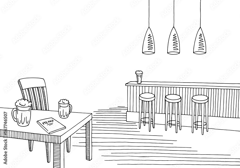 Cafe bar graphic black white interior sketch illustration vector Stock ...