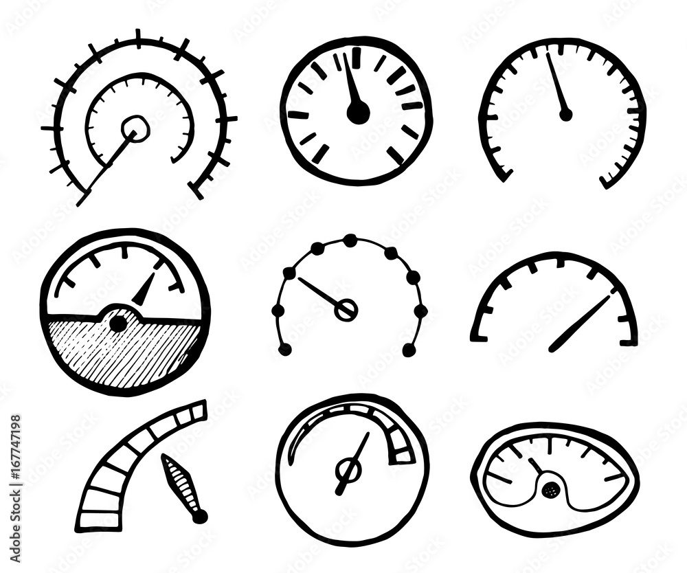 Collection of Hand Drawn Speedometer Icons Isolated on White Background ...