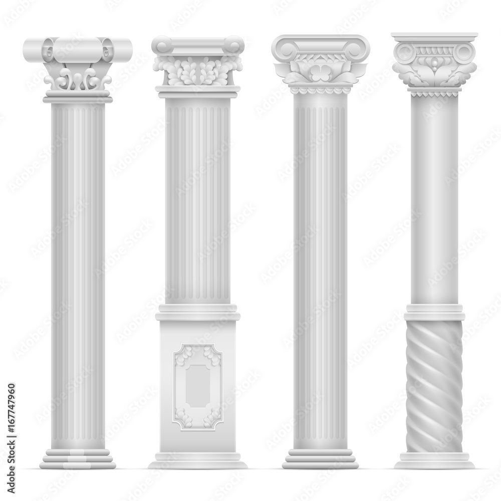 Realistic white antique roman column vector set. Building stone columns ...