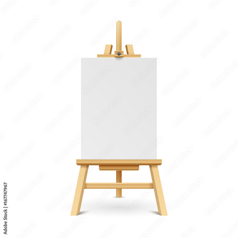 Wooden paint board with white empty paper frame. Art easel stand with ...
