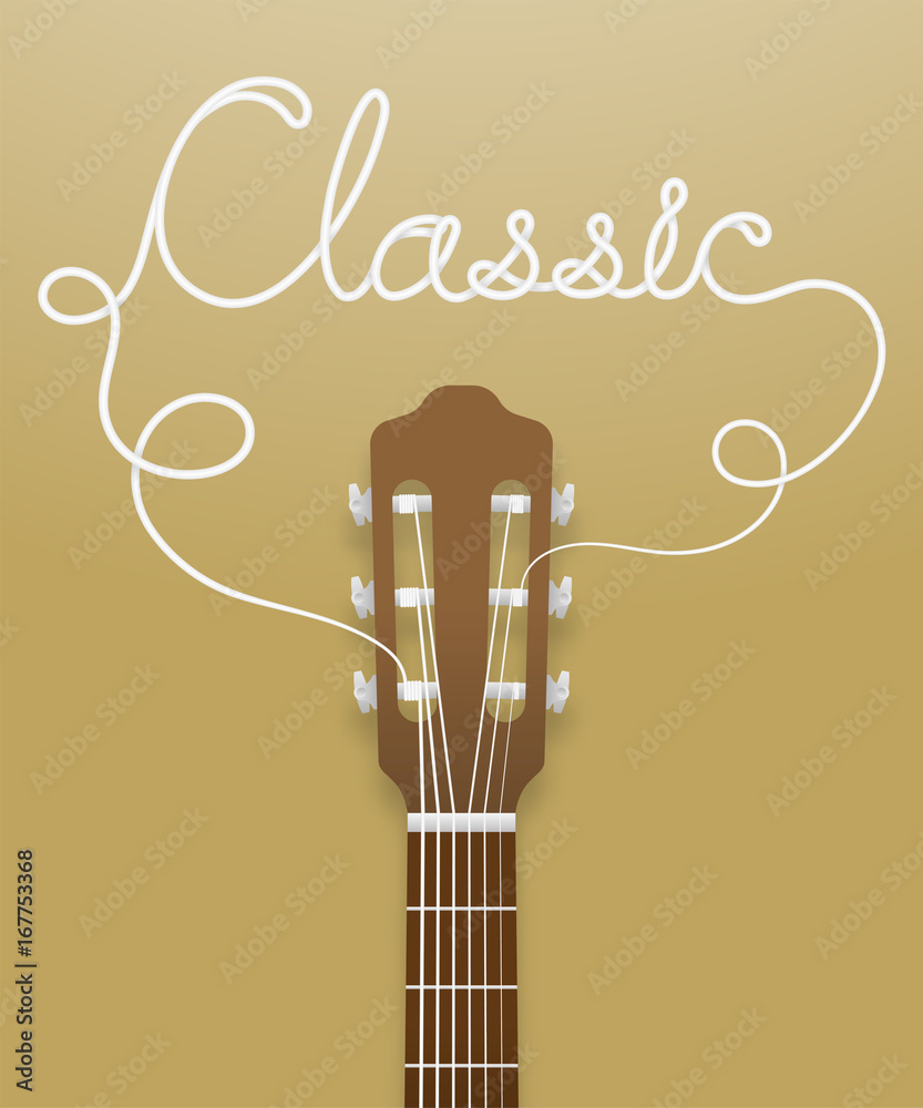 Classic guitar brown color and classic text made from guitar strings ...