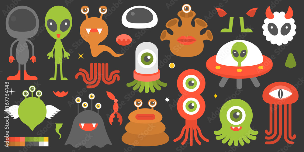 big set of cute character of aliens and monsters with element such as ...