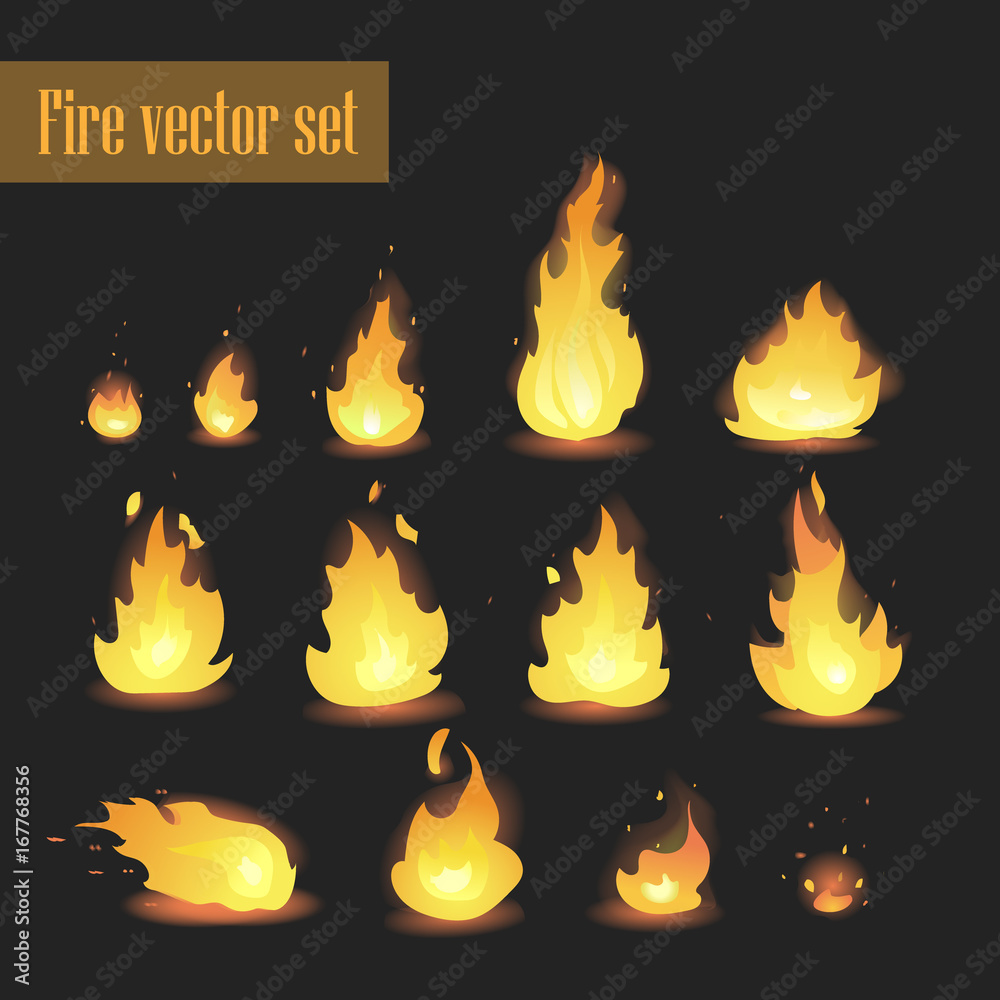 Big Vector set of different stages of fire - a small fire with sparks ...