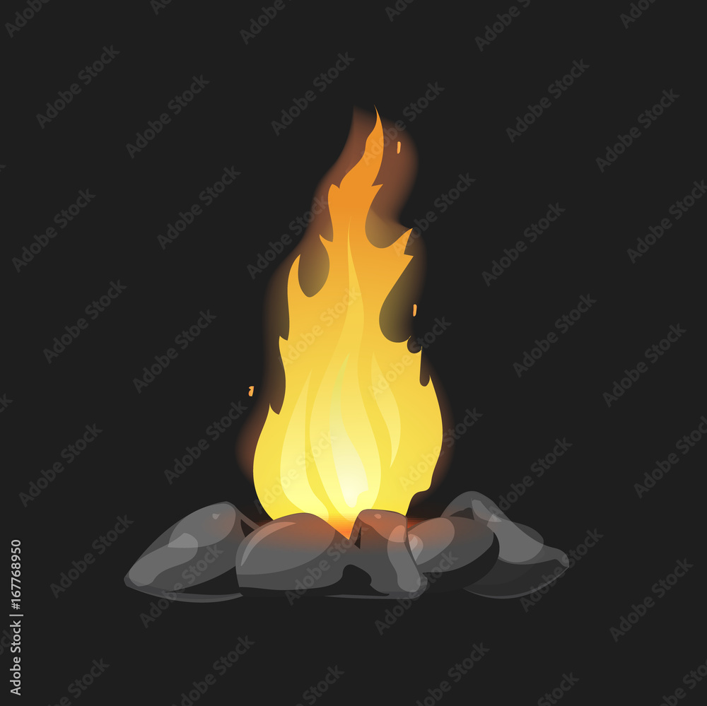 Cartoon Bonfire with stones on black background isolated vector ...