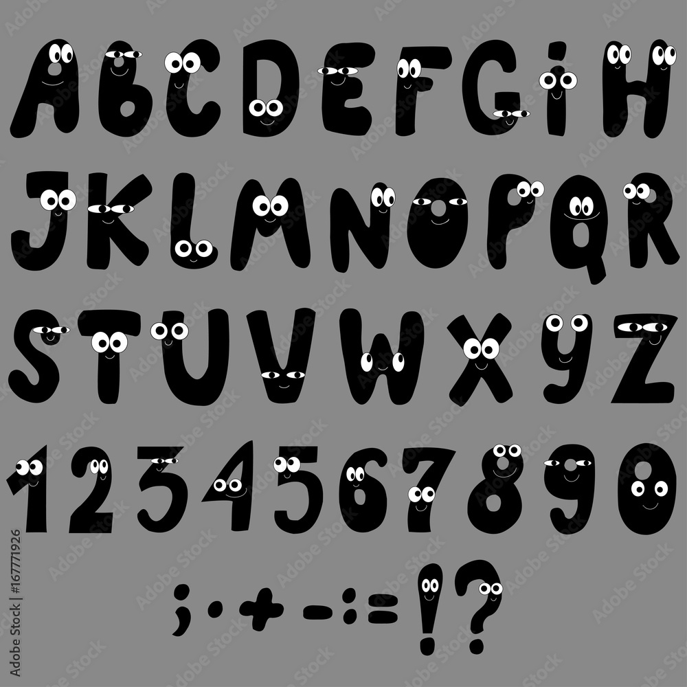 Cute cartoon smiling letters and numbers with faces. Stock Vector ...