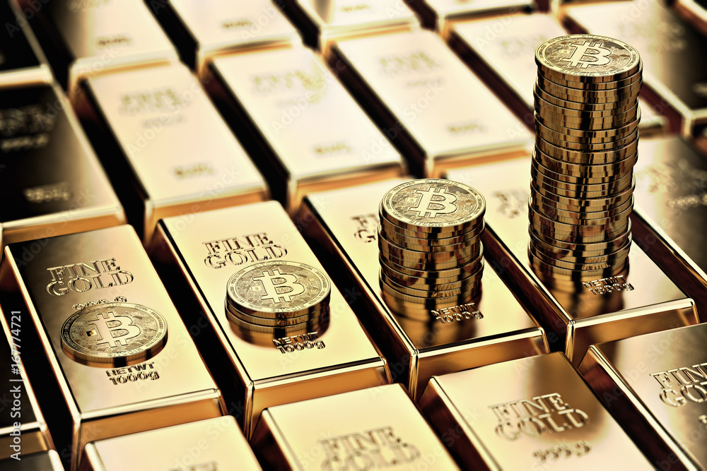 Bitcoin piles on rows of gold bars (gold ingots). Bitcoin keep growing ...