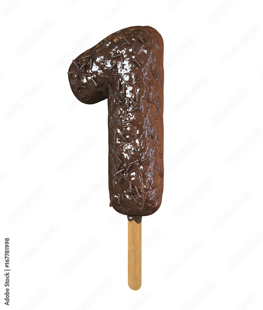Chocolate Ice Cream Font on a stick. Number 1. 3d Rendering isolated ...