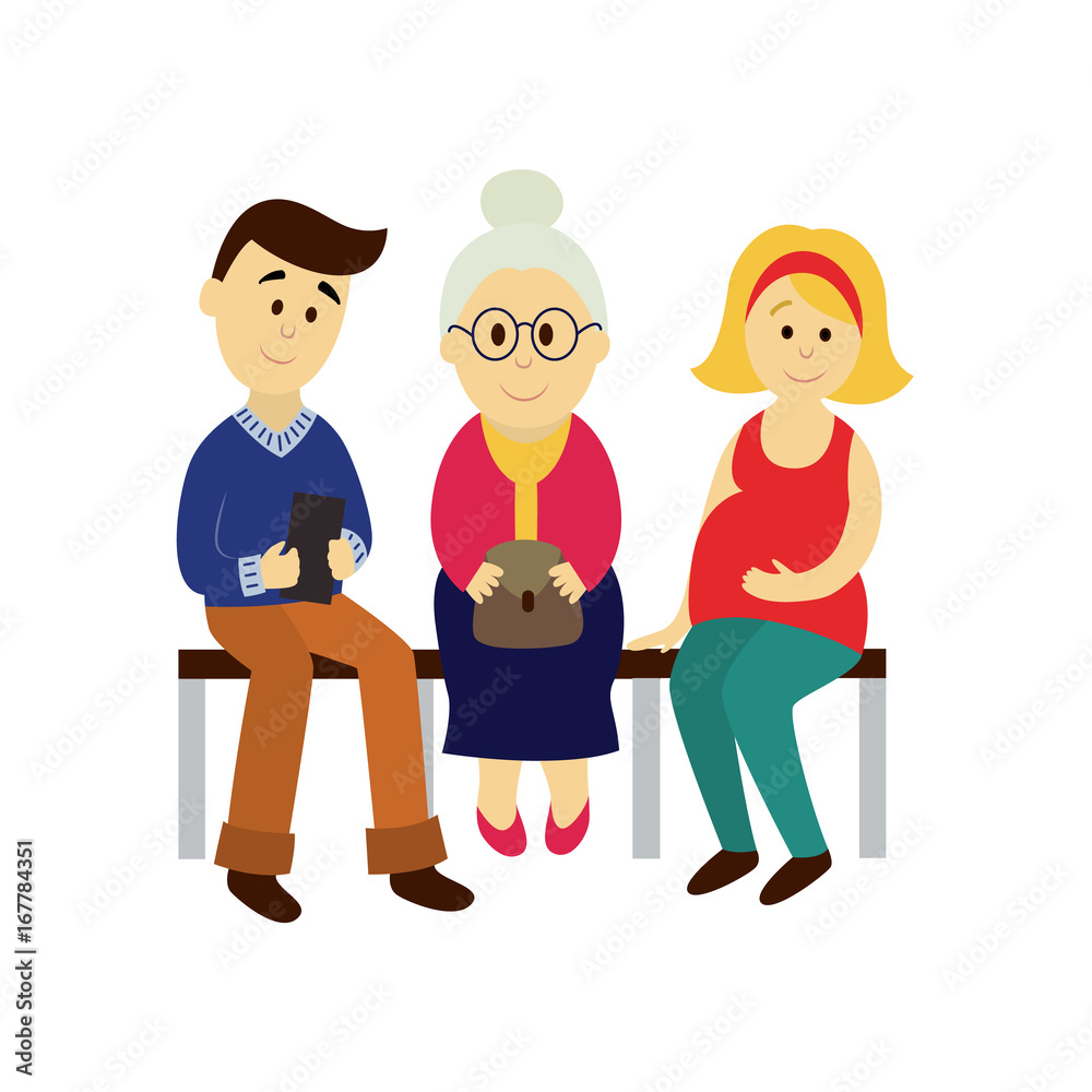 vector adult man, woman , grey-haired grandmother sitting on public ...