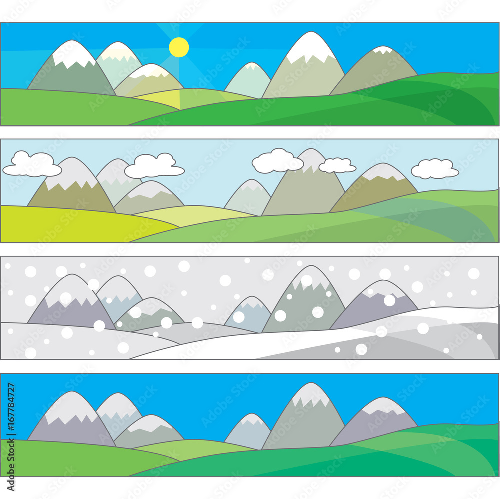 Simple vector landscape four seasons background. Summer, autumn, winter ...