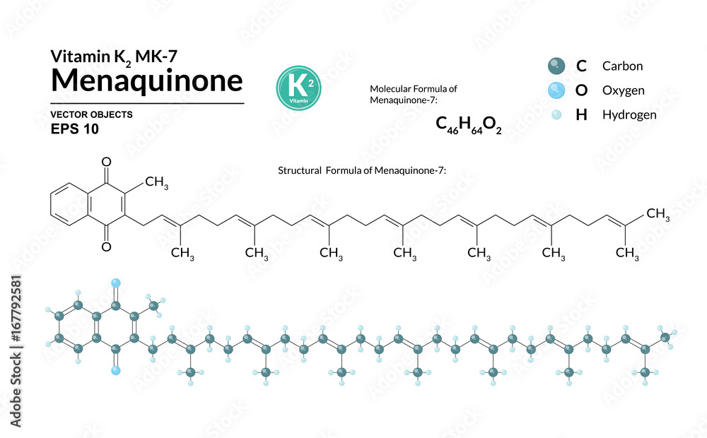 Structural chemical molecular formula and model of Menaquinone-7. Atoms ...