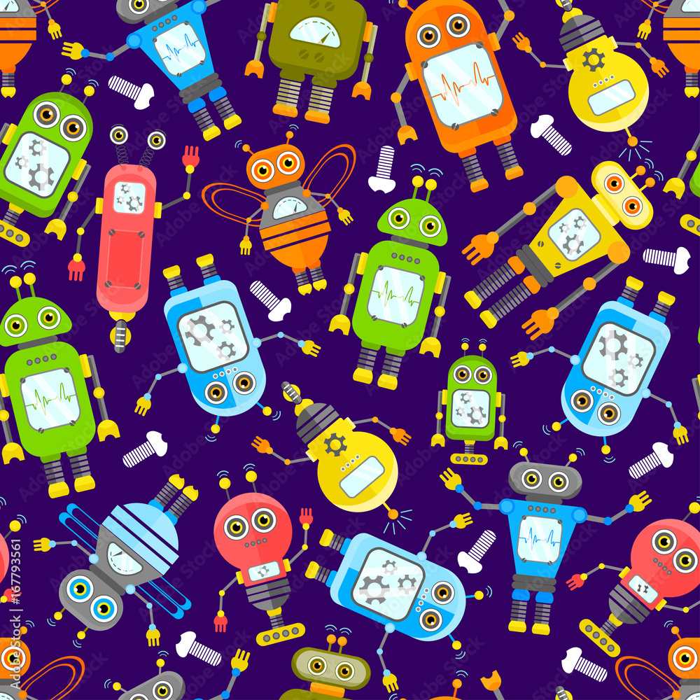 Cartoon Robots Seamless Background. Set of vector robots in cartoon ...