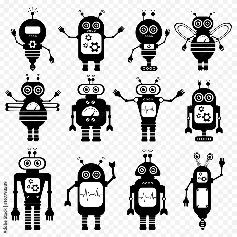 Set of vector robots in cartoon style. Isolated vector robots in transparent background. Black ...